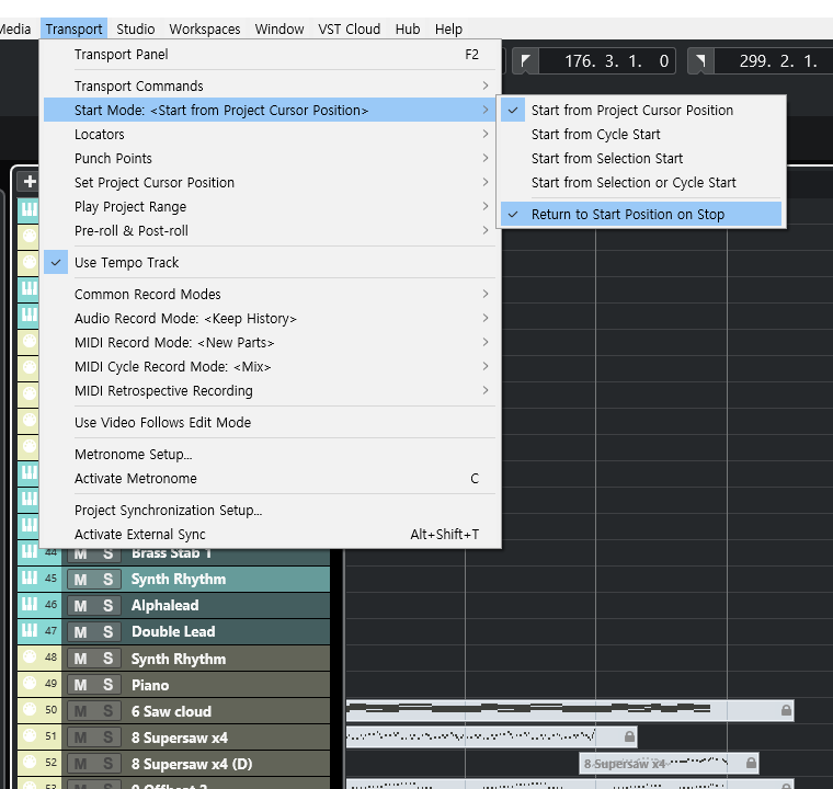 큐베이스 13 Return to start position on stop 메뉴가 변경되었네요